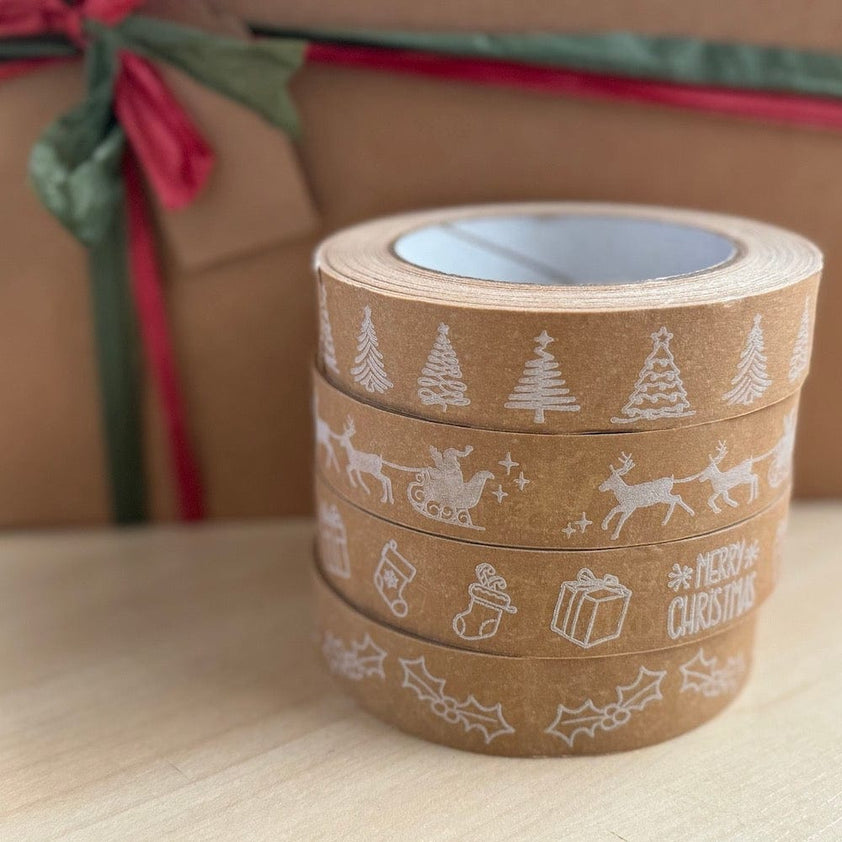 Festive Printed Biodegradable Paper Tape 24mm x 50m White Ink | &Keep