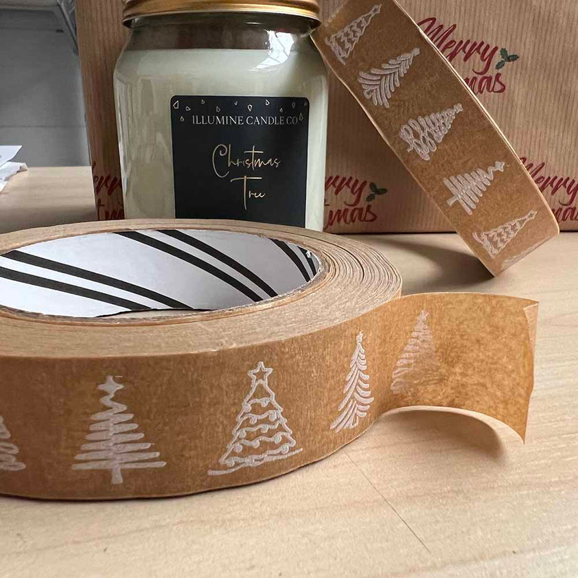 Festive Printed Biodegradable Paper Tape 24mm x 50m White Ink | &Keep